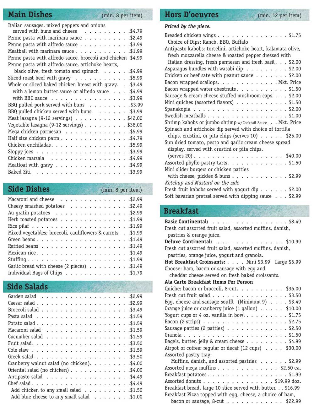 Catering Menu for Michaels Cafe