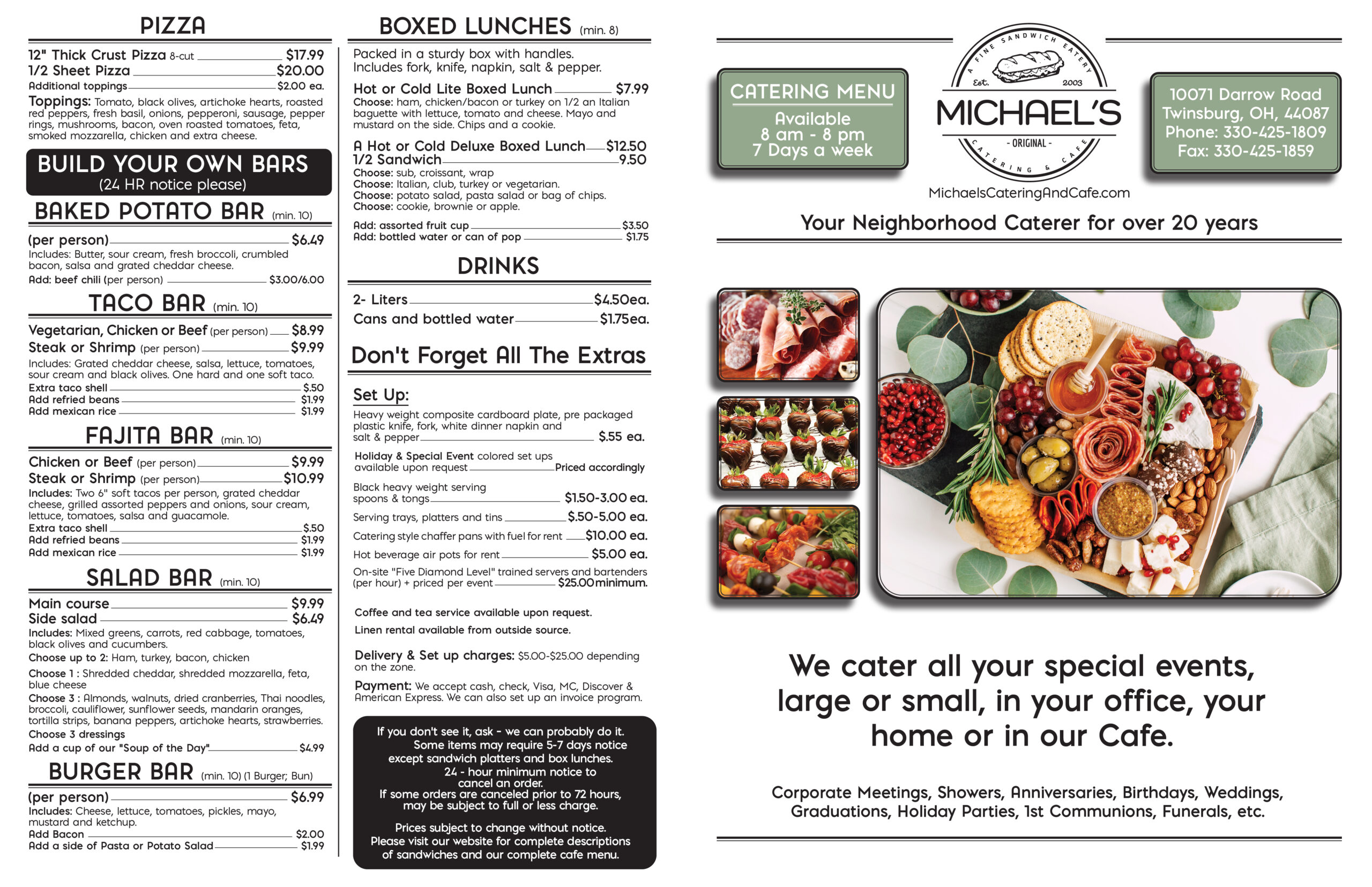 Catering Menu for Michaels Cafe
