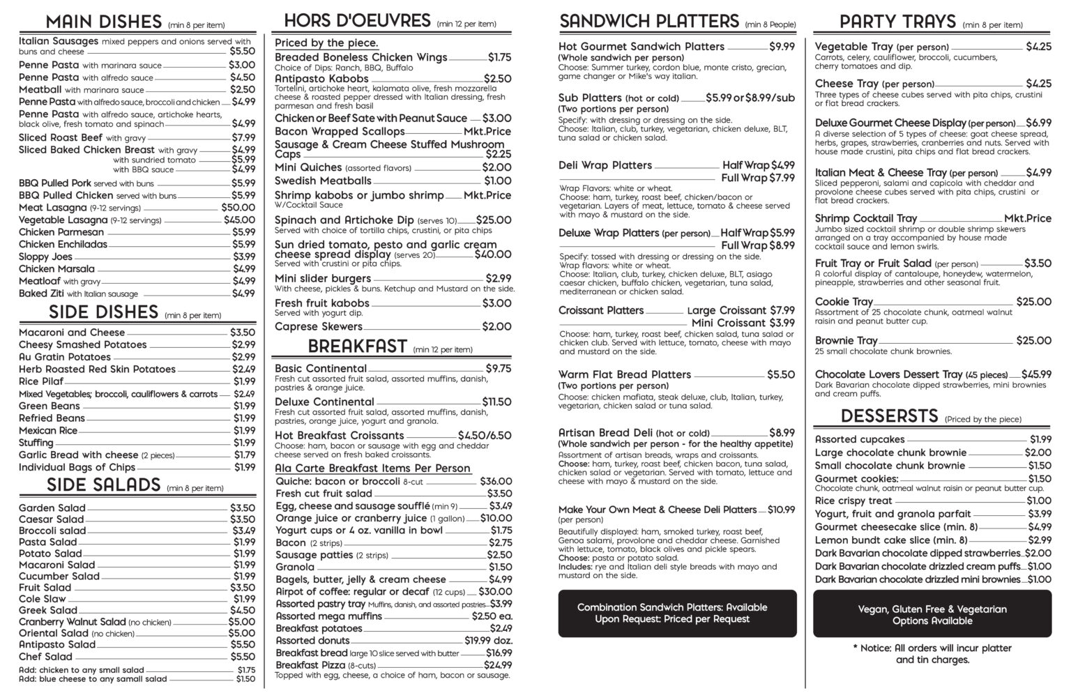 Catering Menu for Michaels Cafe