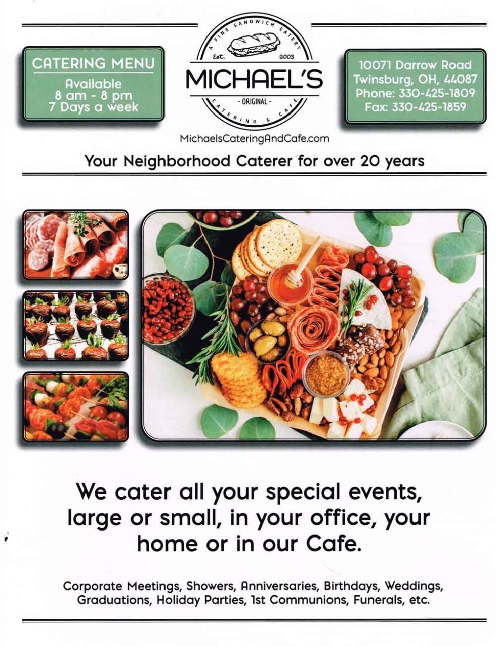 Catering Menu for Michaels Cafe