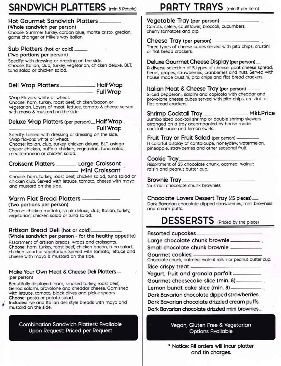 Catering Menu for Michaels Cafe